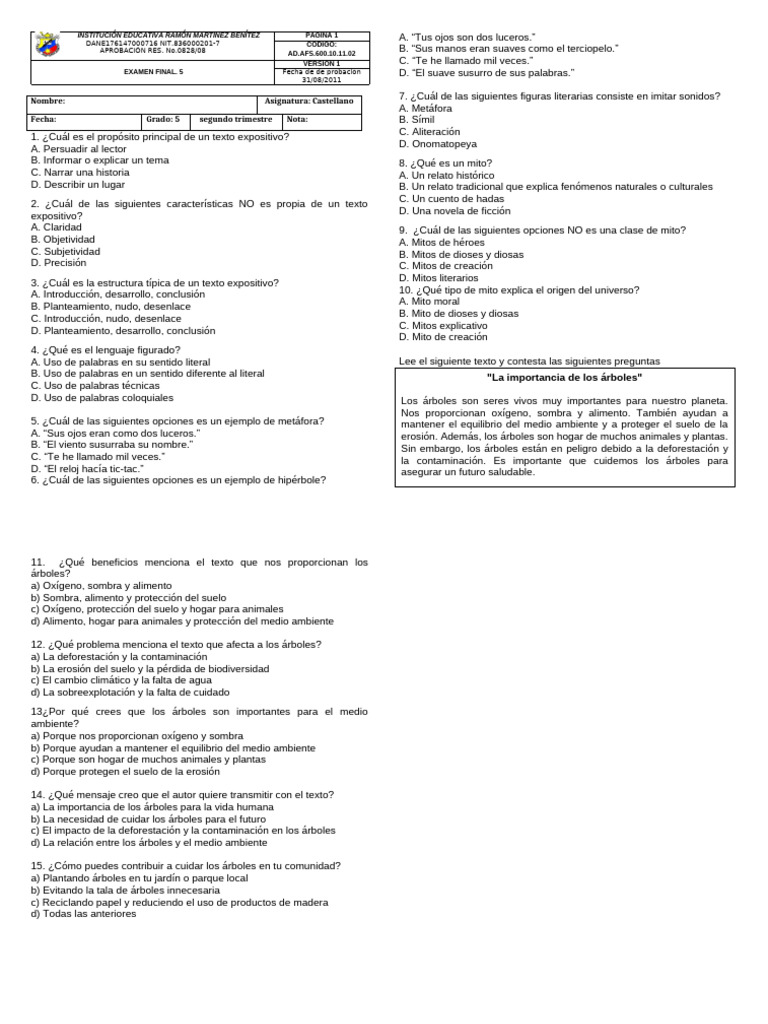 Examen Final Grado Quinto | PDF | Deforestación | Libros para adolescentes