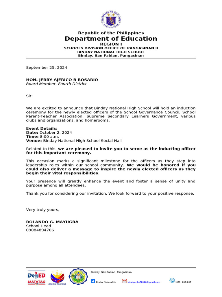 Invitation Letter For Induction Ceremony | PDF