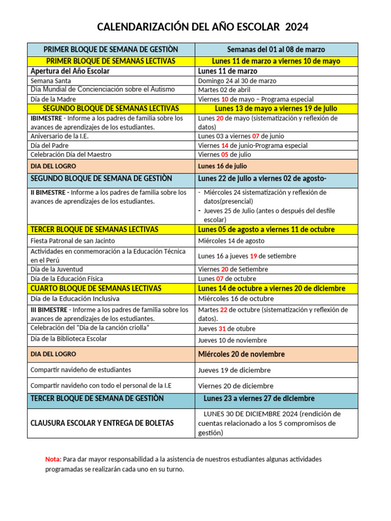 Calendarización 2024 | PDF