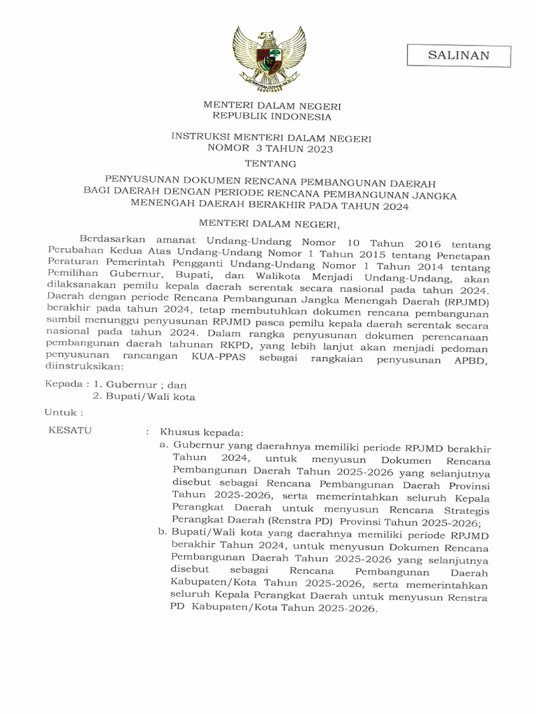 Inmendagri Nomor 3 Tahun 2023 | PDF