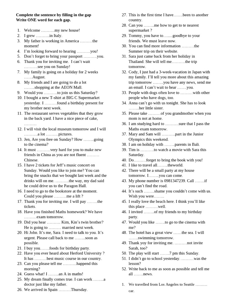 KET - Complete The Sentence by Filling in The Gap | PDF