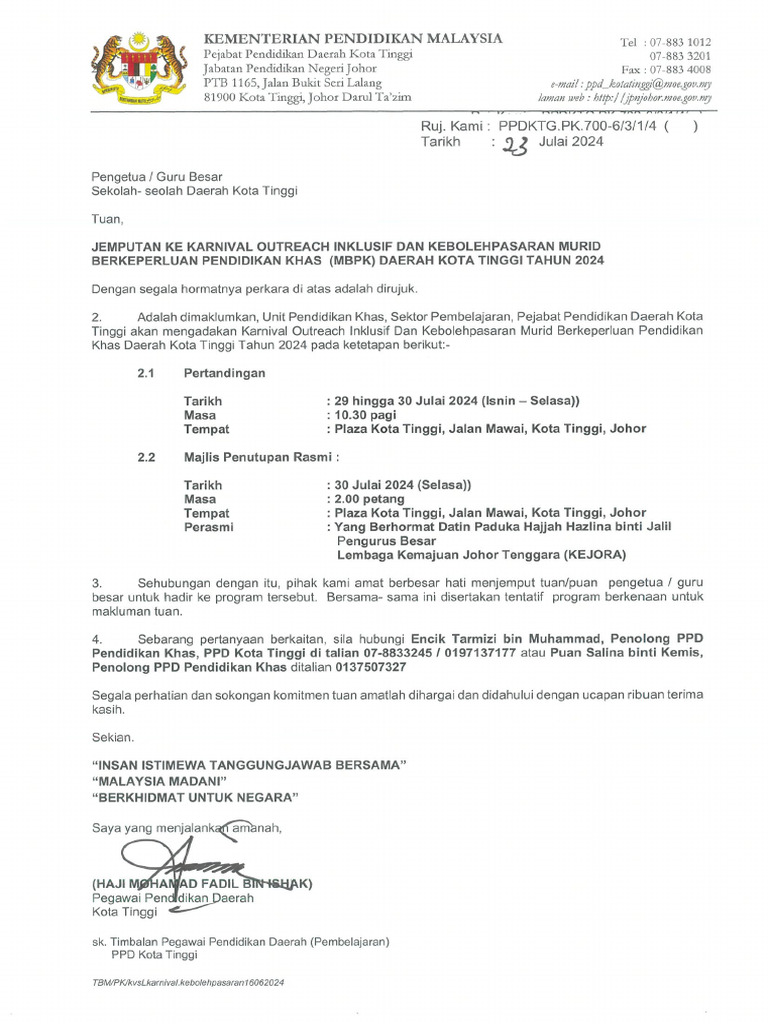 Surat Jemputan Pengetua Guru Besar Karnival Koij Daerah 2024 Plaza | PDF