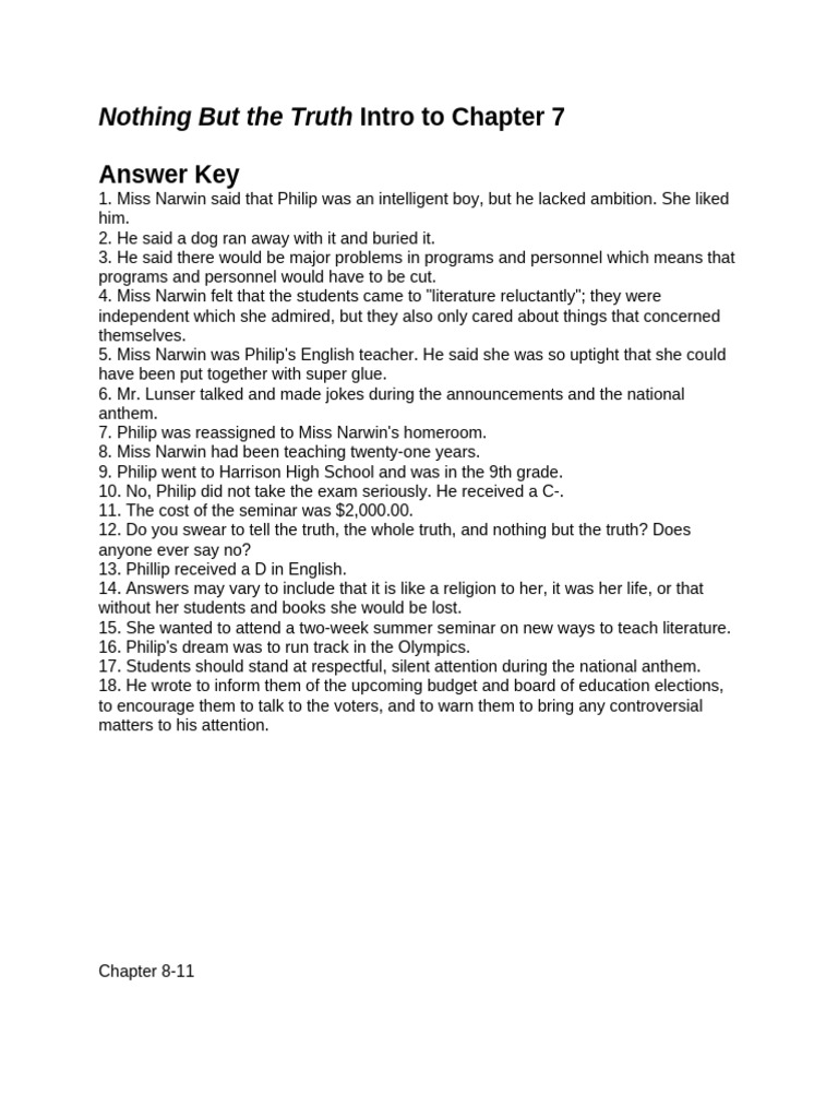 Nothing But the Truth: Answer Key Summary | PDF | Language Arts ...