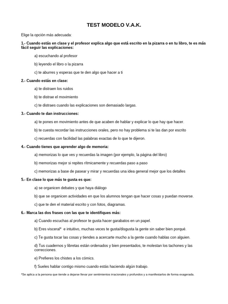 3 TEST MODELO Vak Estilos de Aprendzaje | PDF