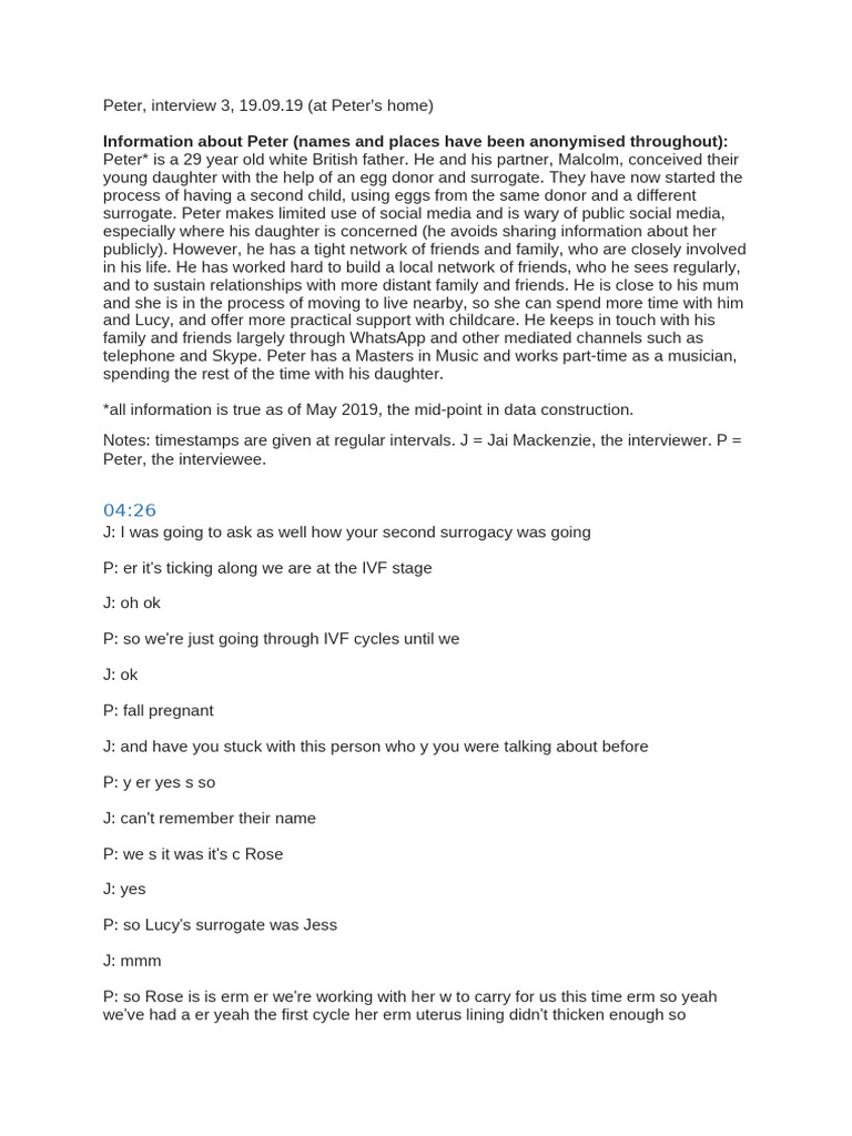 Peter Interview 3 Transcript Anonymised | PDF | Surrogacy | Foreign ...