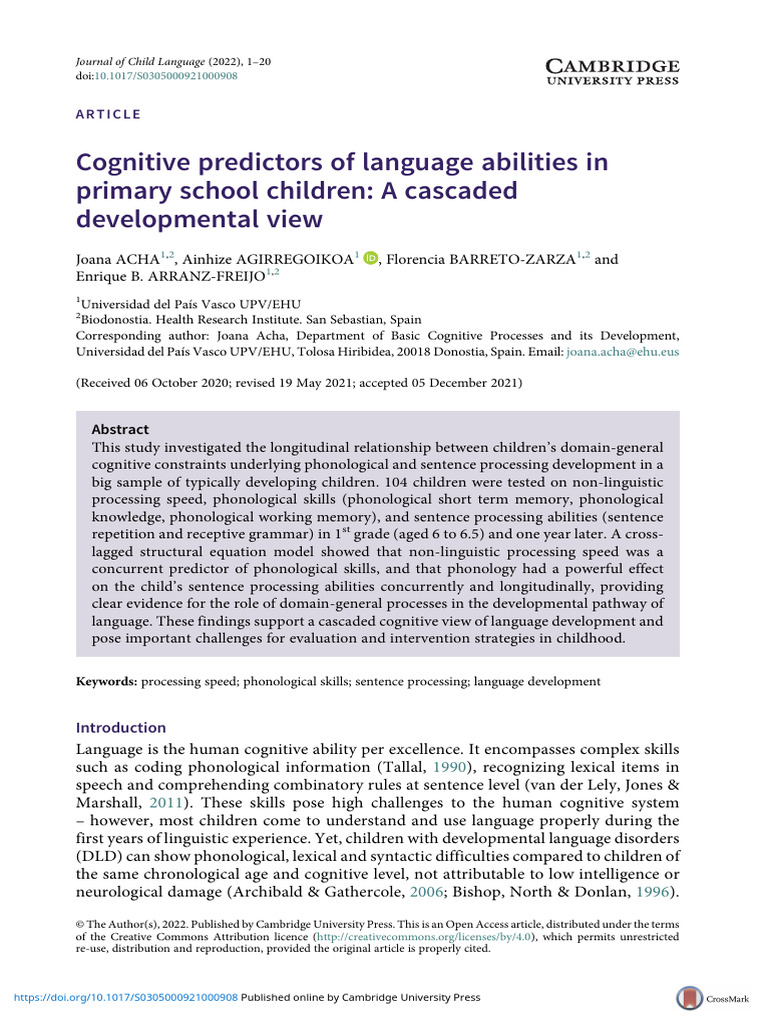 Cognitive Predictors of Language Abilities in Primary School Children A ...