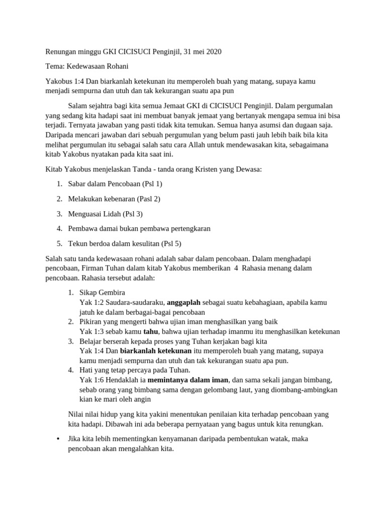 Renungan Minggu GKI CICISUCI Penginjil | PDF