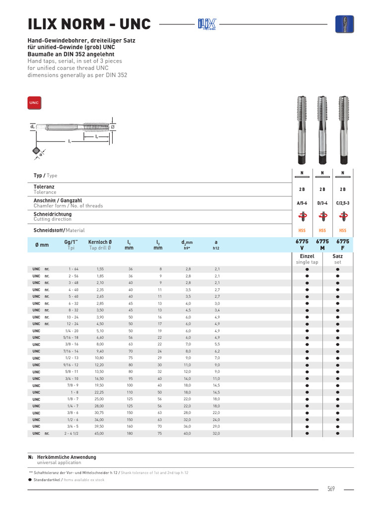 Ilix Norm - Unc: Hand Taps, Serial, in Set of 3 Pieces For Unified Coarse Thread UNC Dimensions ...