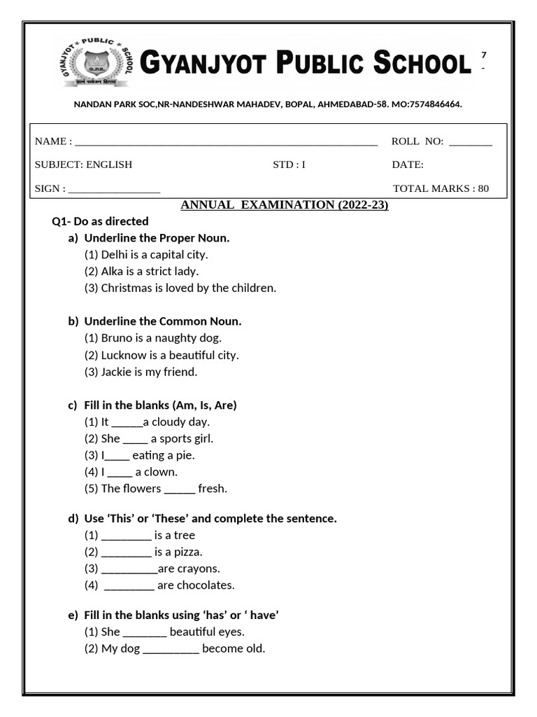 STD 1 English Revision | PDF