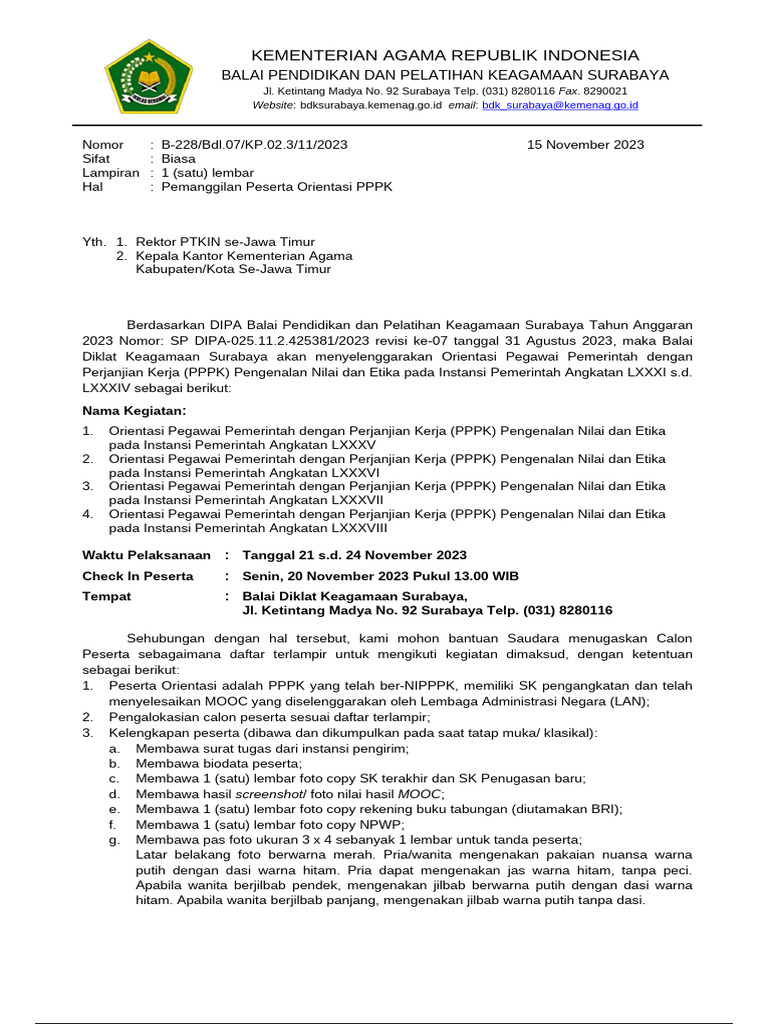 Pemanggilan Peserta Orientasi PPPK | PDF