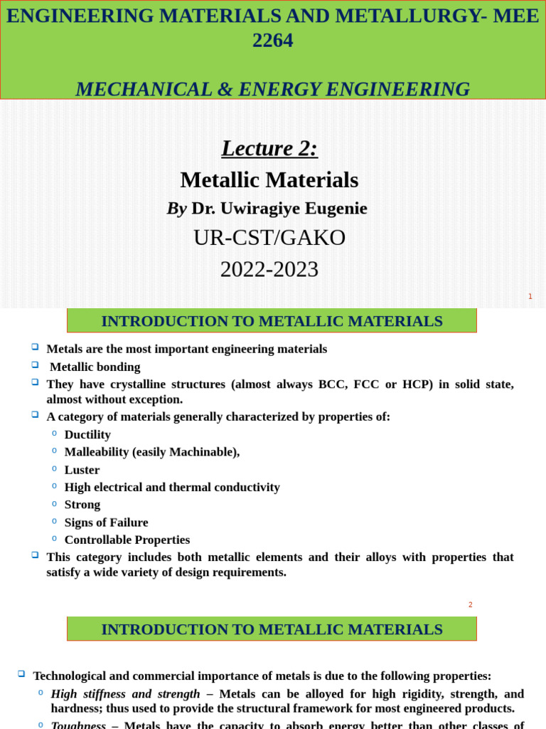 Lecture 2 MEE 2264 Metallic Materials | PDF