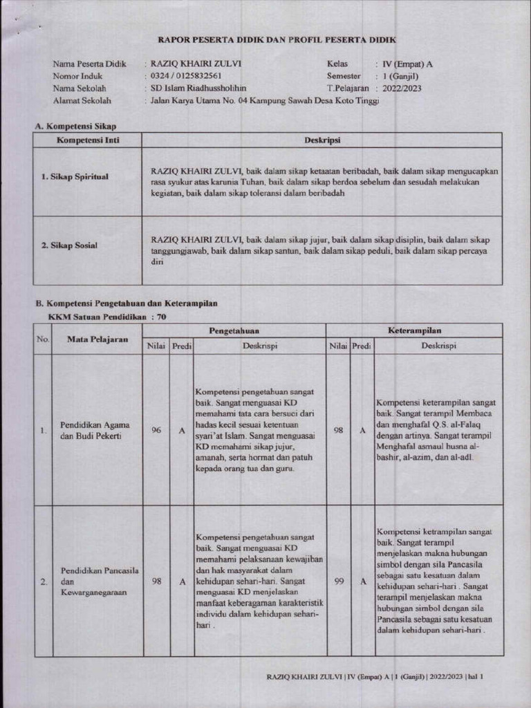 Rapor Ganjil Iv Raziq | PDF