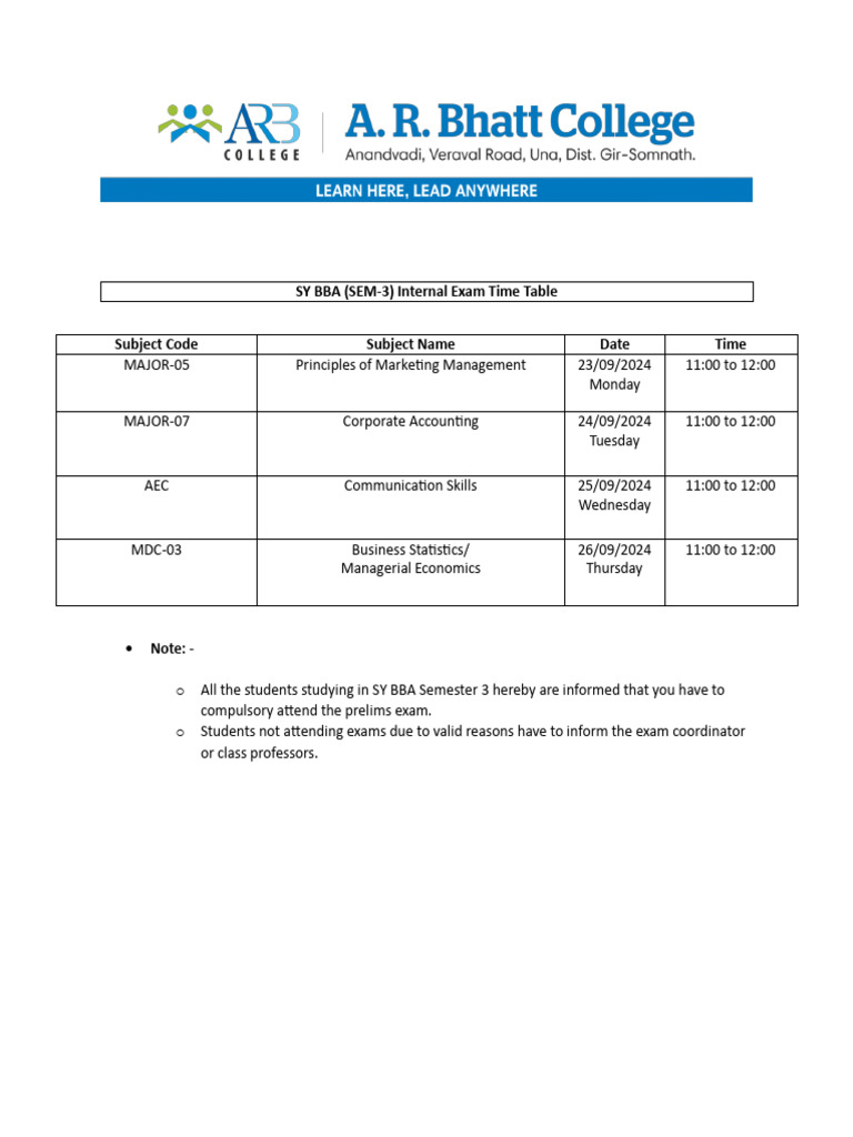 Sem 3 Internal Exam Time Table | PDF