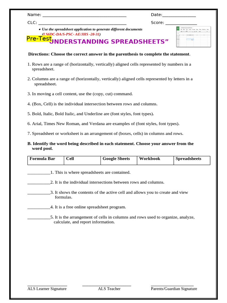 LS6 Worksheets-AE-JHS (UNDERSTANDING SPREADSHEETS) | PDF