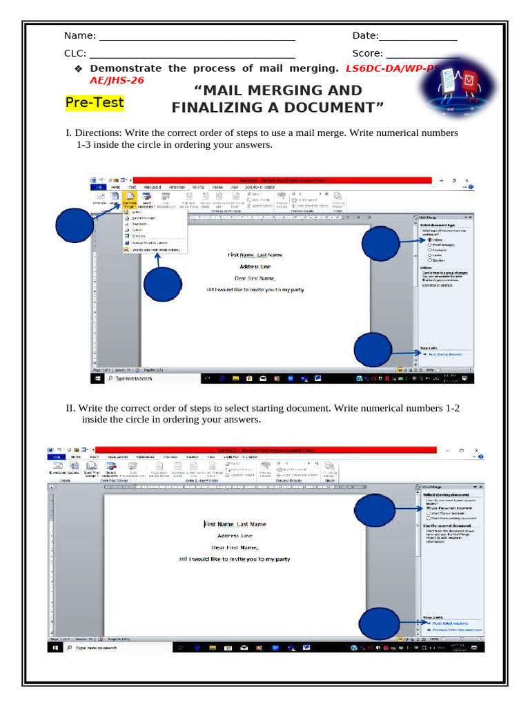 LS6 Worksheets-JHS (MAIL MERGING AND FINALIZING A DOCUMENT) | PDF