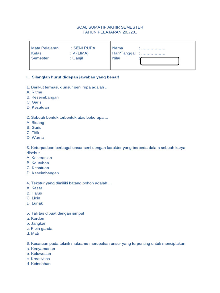 Soal Sas 1 Seni Rupa KLS 5 | PDF