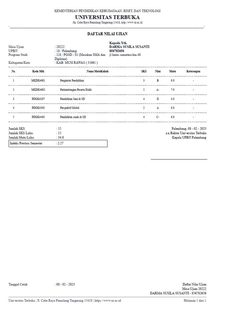 Daftar Nilai Ujian UT | PDF