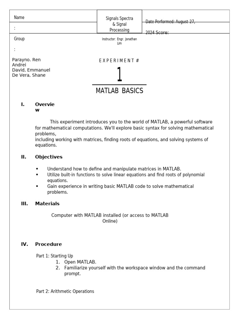 Lab 1 MatLab Basics | PDF