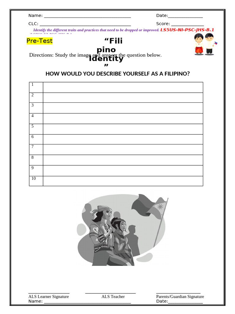 LS5 Worksheets-JHS (Filipino Identity) | PDF