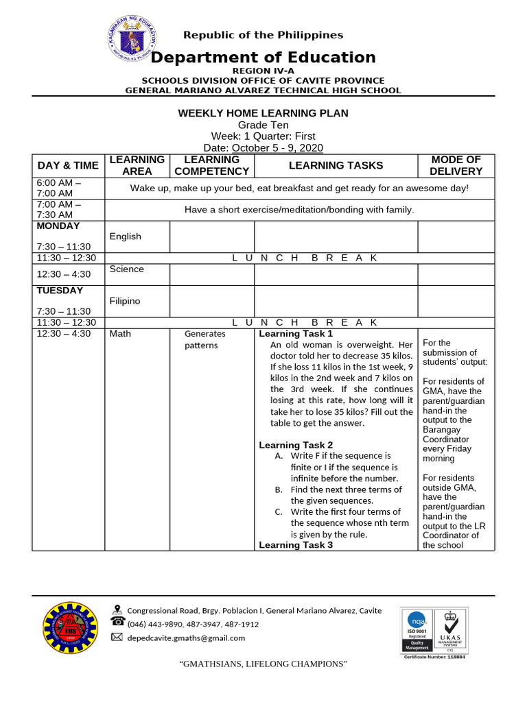 Abolencia, Karizza M. LM 7 Weekly Home Learning Plan | PDF