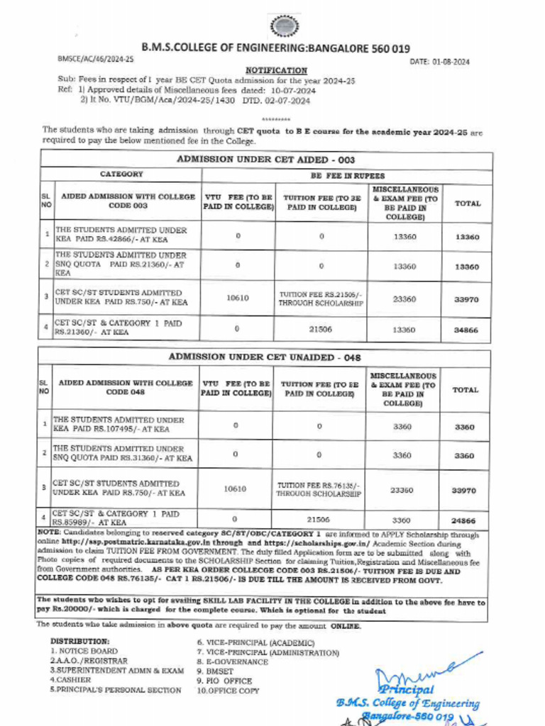 2024-25 1st Year KEA (CET) Admission Fee Circular | PDF