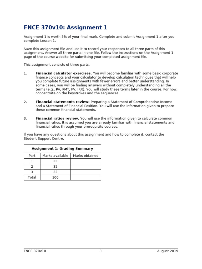 FNCE370v10 Assignment 1 | PDF