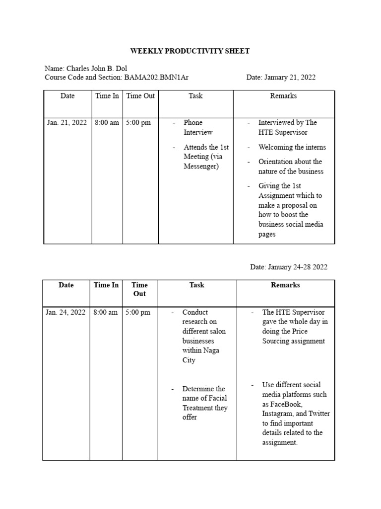 Practicum 2 - Weekly Productivity Sheet (Charles John B. Dol) | PDF
