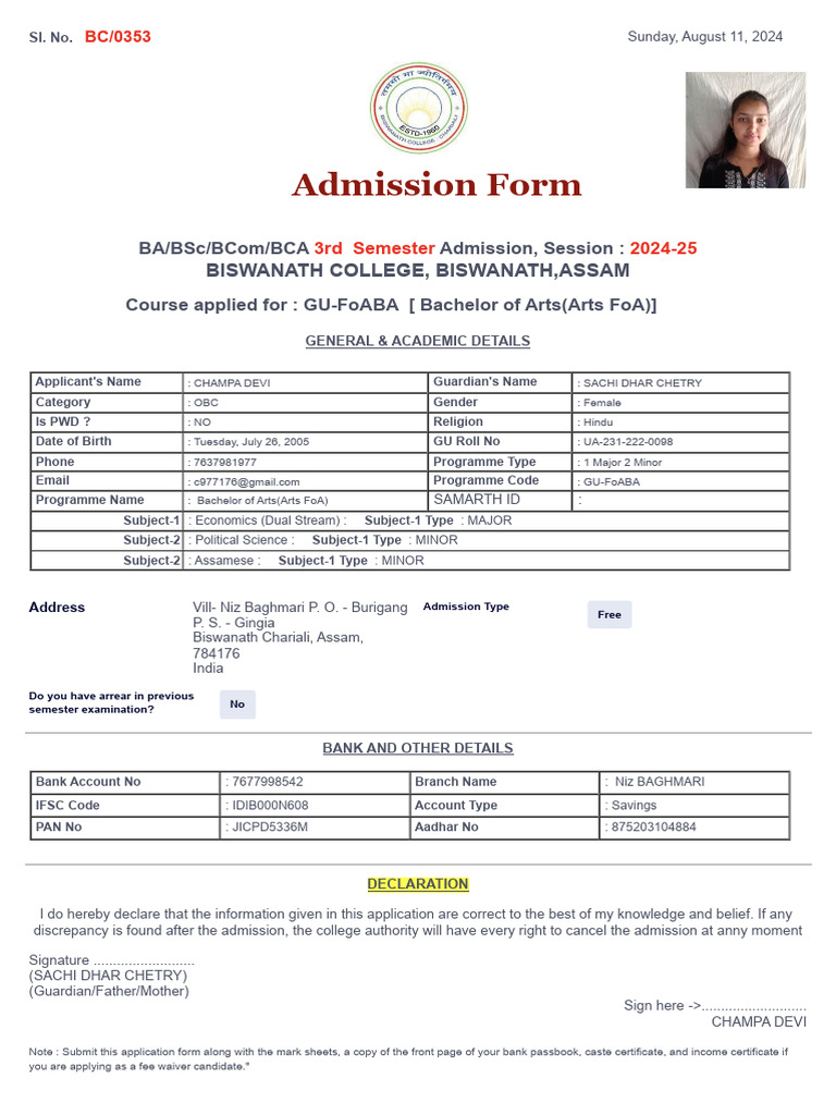 Admission Form: Biswanath College, Biswanath, Assam | PDF