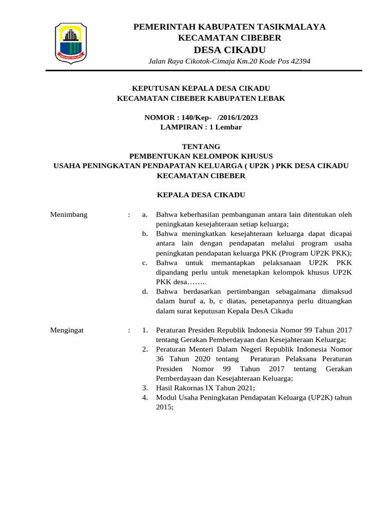 SK Up2k Desa Cikadu | PDF