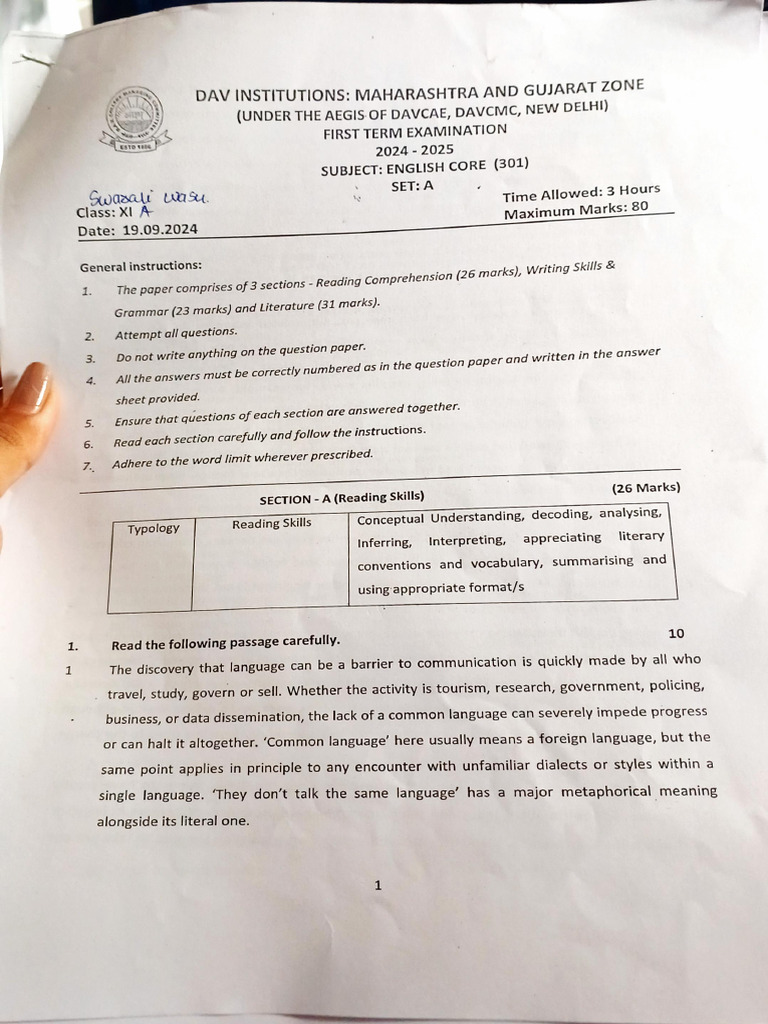 Dav English term 1 paper 2024 | PDF