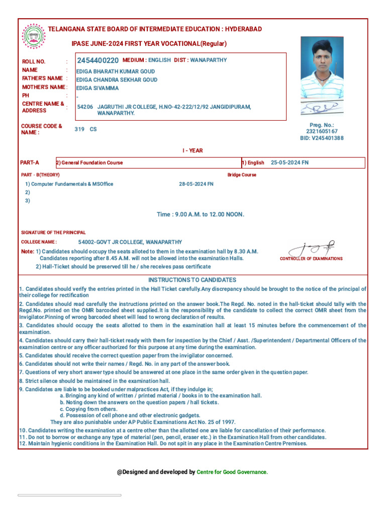 First Year Hall Ticket Download | PDF