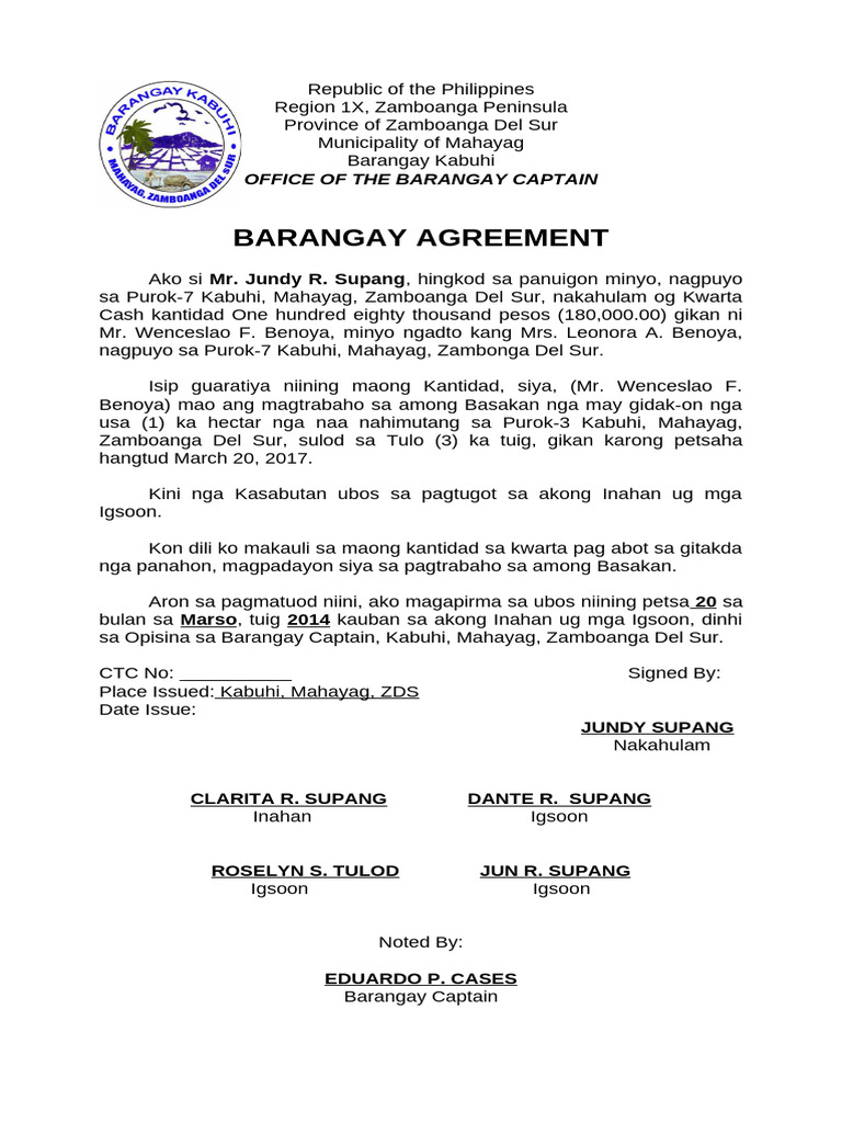 Barangay Agreement Supang | PDF