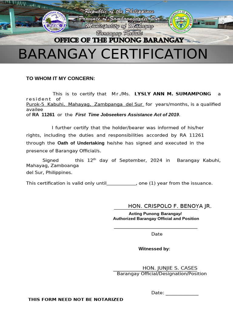 FORM1-Barangay-Certification - First Time Job Seeker | PDF