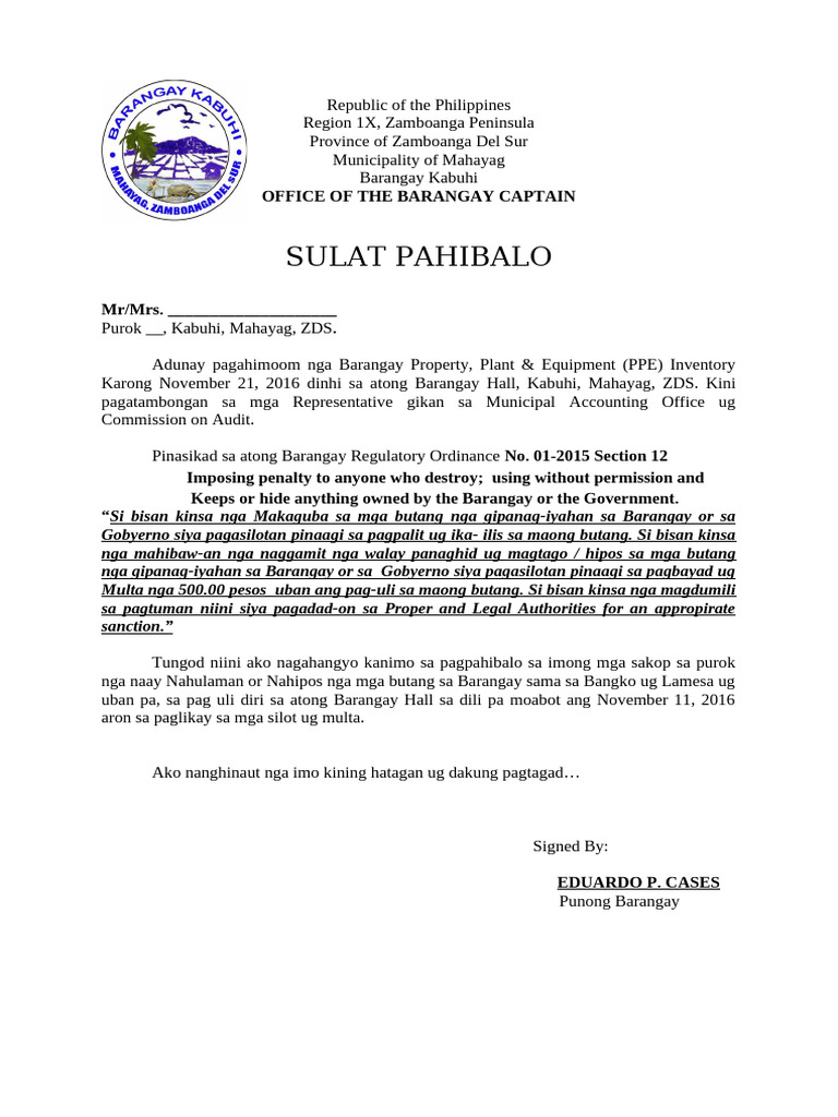 Sulat Pahibalo-PPE | PDF