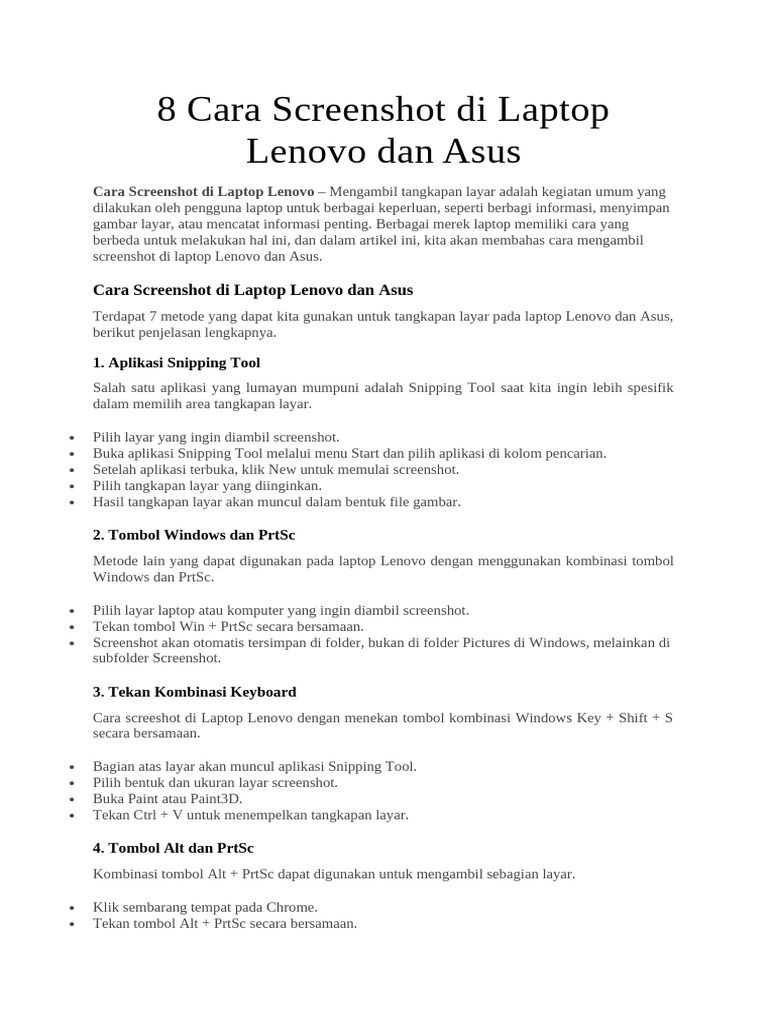 8 Cara Screenshot Di Laptop Lenovo Dan Asus | PDF