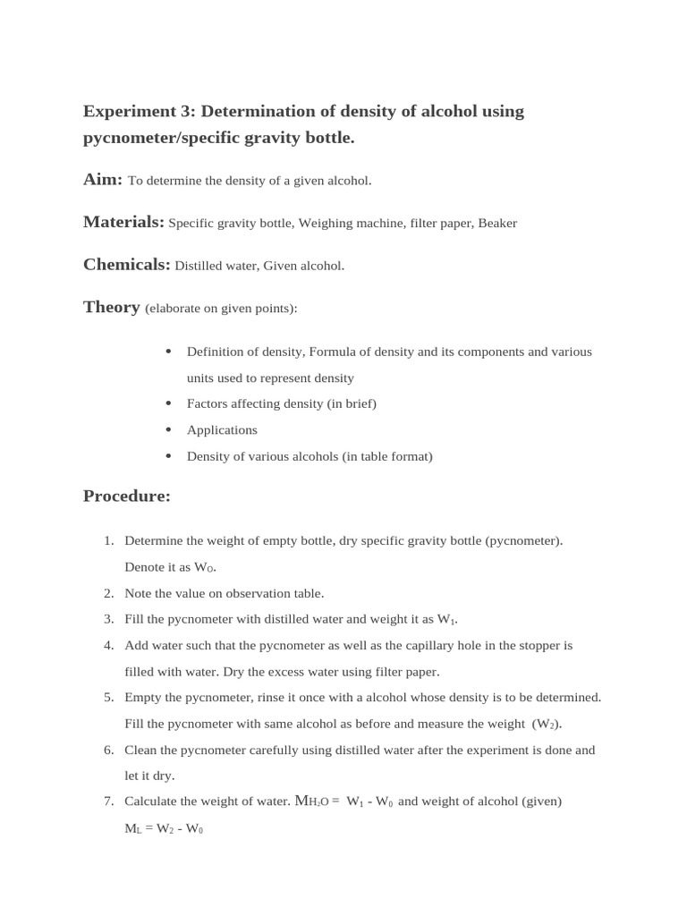 Experiment 3 - Determination of Density of Alcohol Using Pycnometer or Specific Gravity Bottle | PDF