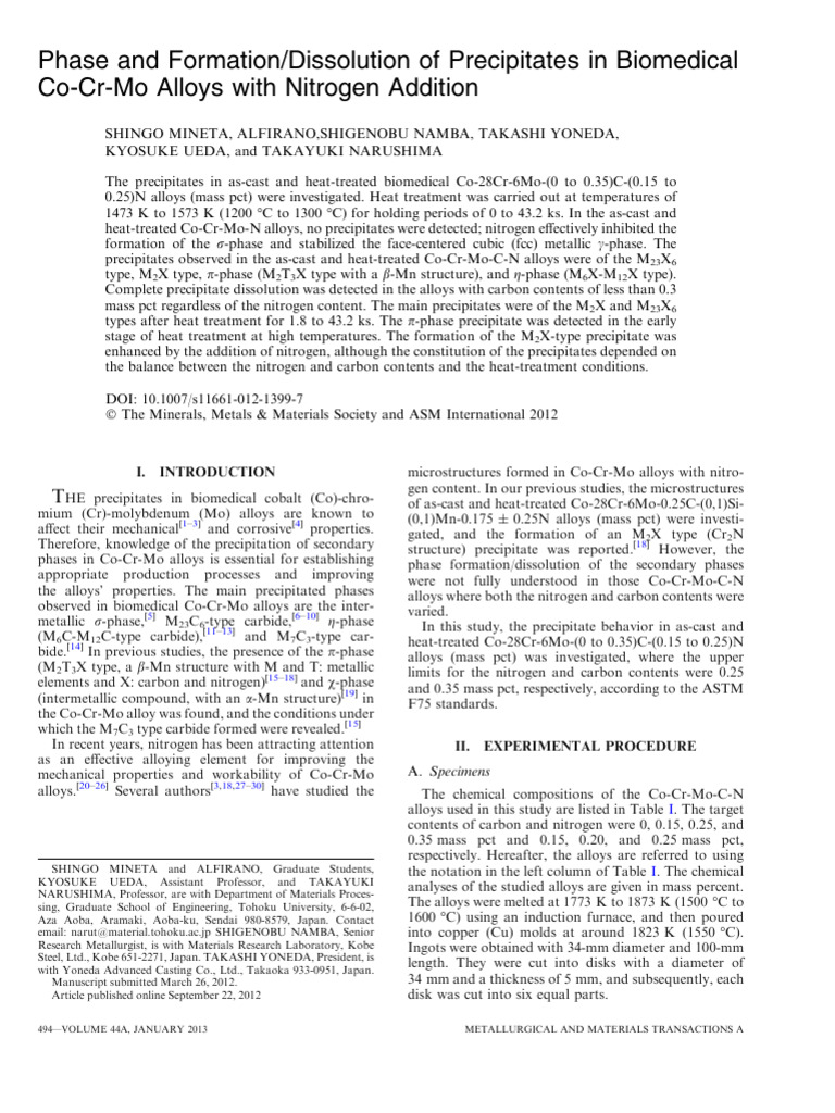 Phase and Formation or Dissolution of Precipitates in Biomedical Co-Cr ...