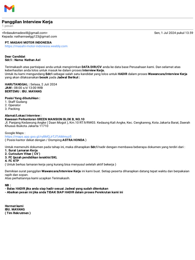 Gmail - Panggilan Interview Kerja | PDF