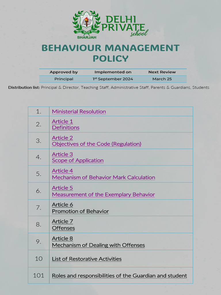 Behaviour Management Policy: Principal & Director, Teaching Staff ...