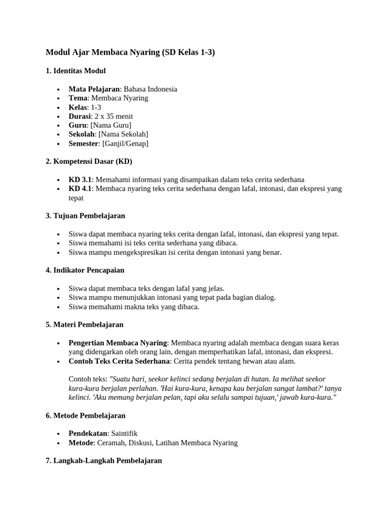 Modul Ajar Membaca Nyaring SD Kelas 1-3 | PDF