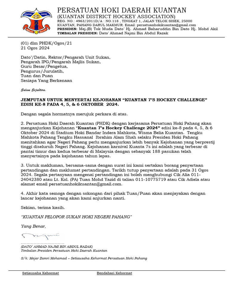 Jemputan Menyertai Kuantan 7s 2024 | PDF