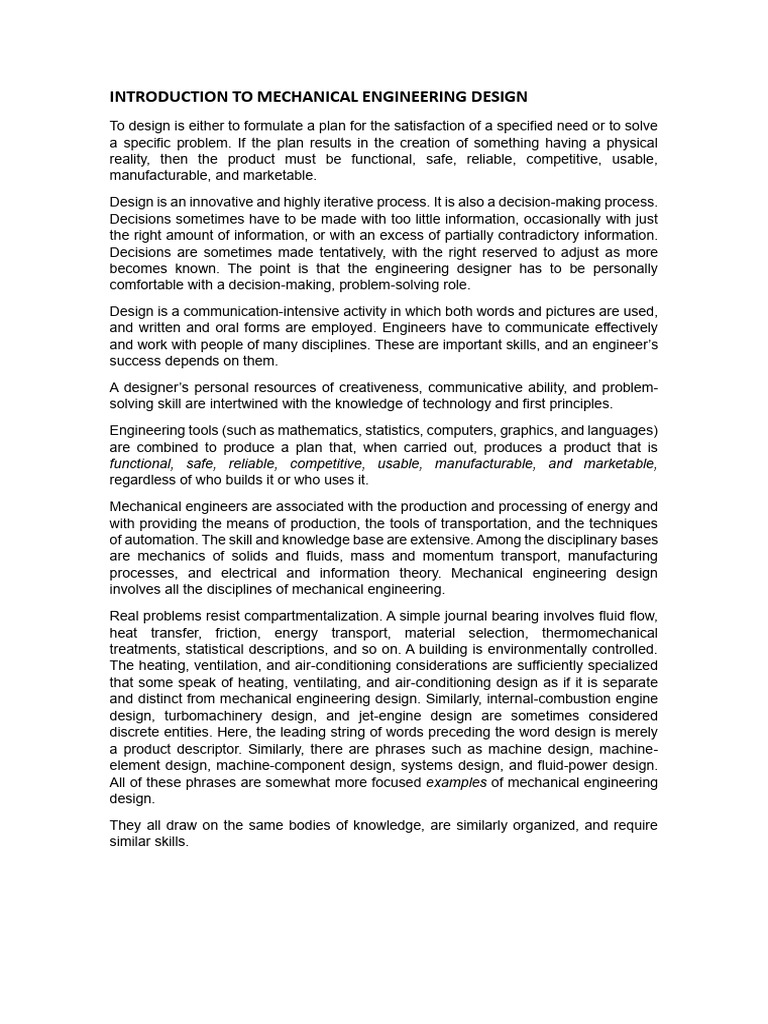 Introduction To Mechanical Engineering Design | PDF