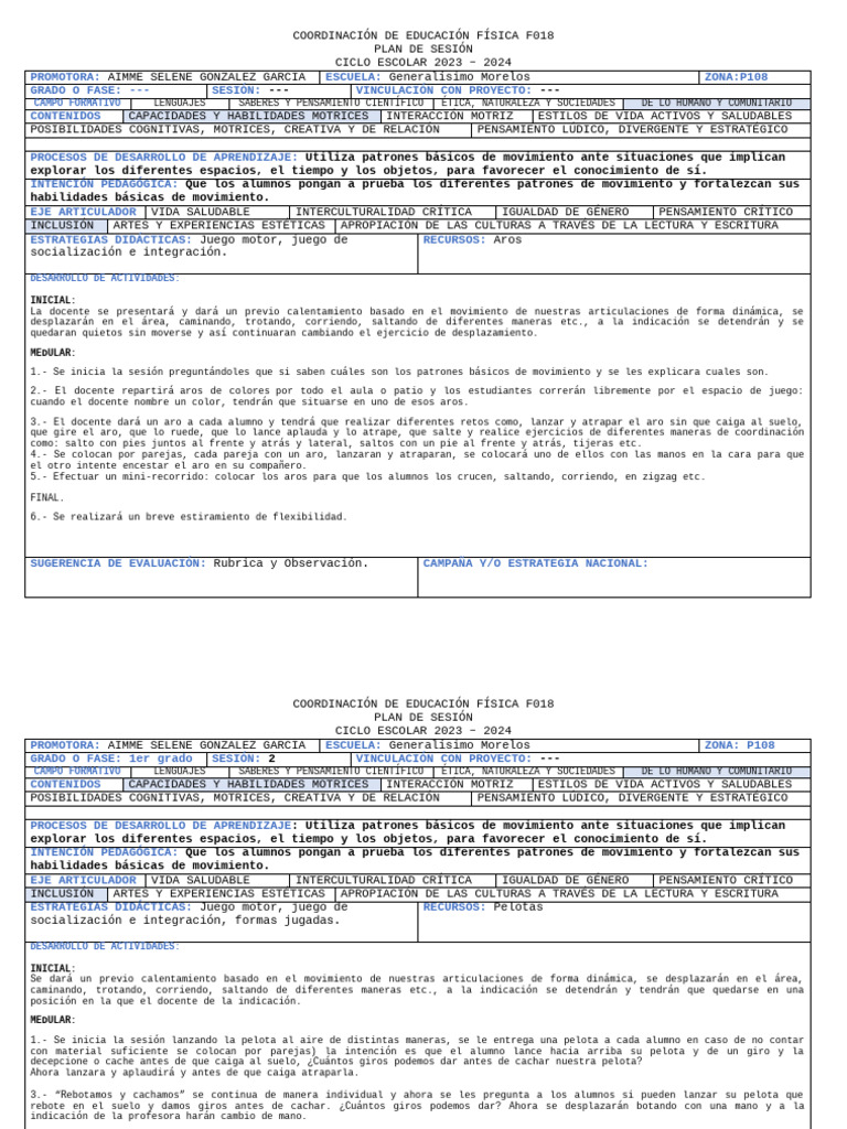 PLAN DE SESIÓN PRIMERAS 2 SEMANAS | PDF
