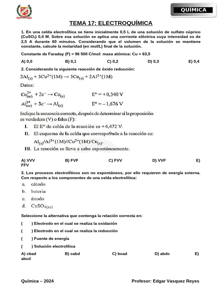 Tema 17. Química - Electroquímica | PDF