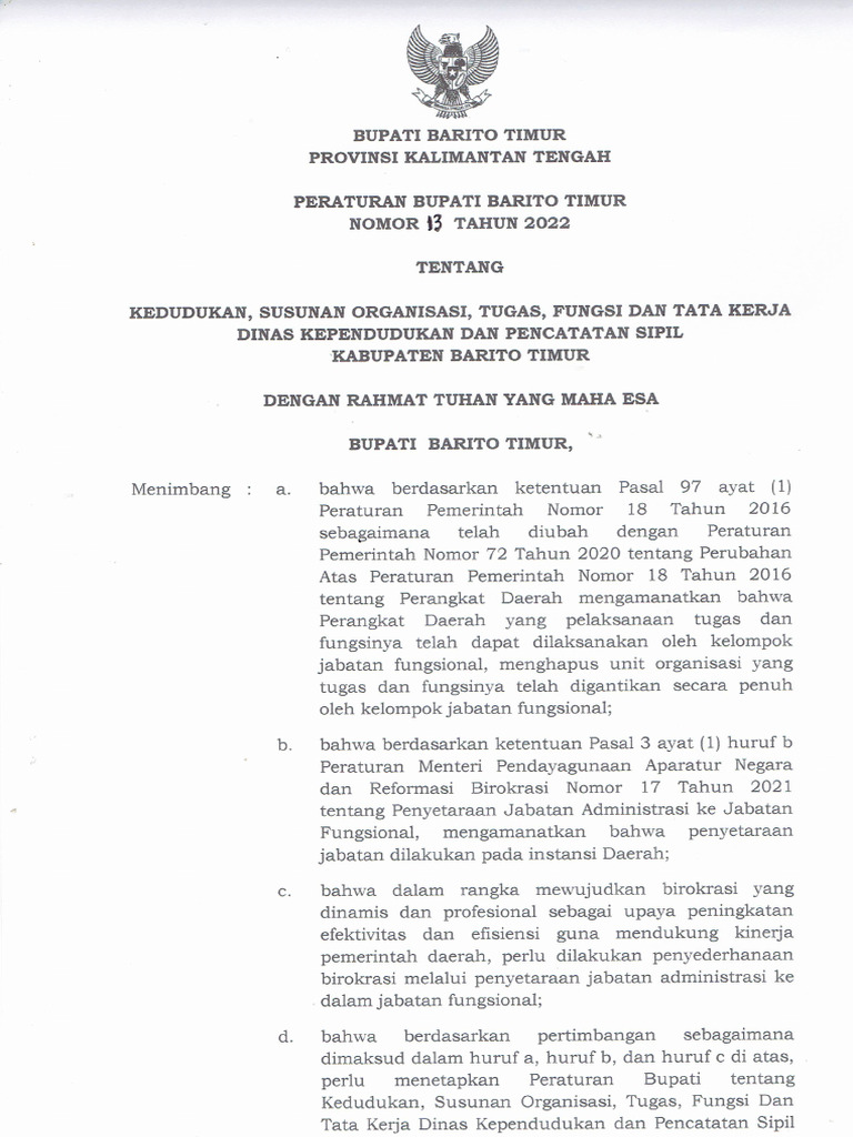 Perbup No 13 Tahun 2022 SOTK Disdukcatpil Kab. Bartim | PDF