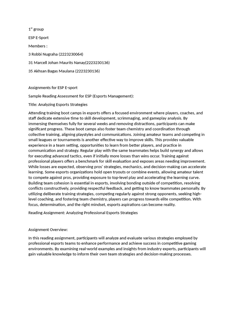 ESP E-Sport Assignments Group | PDF | Communication | Career & Growth