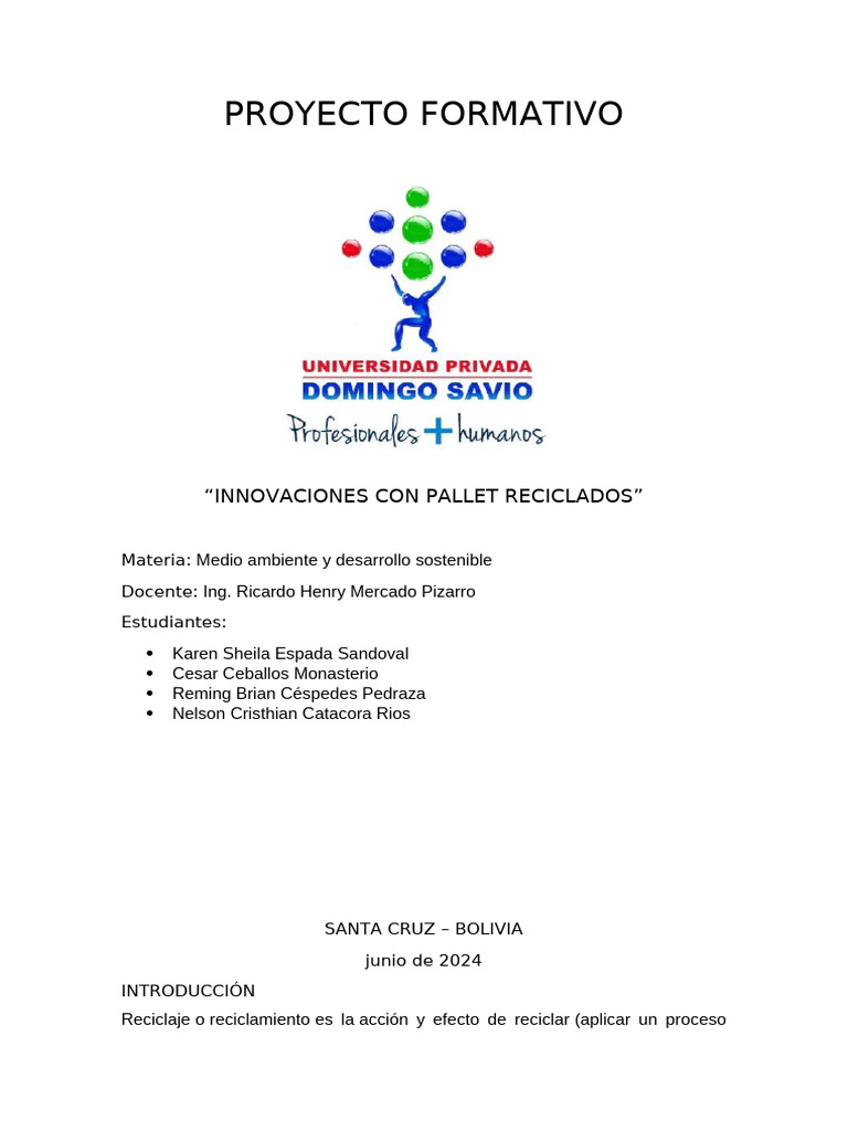 Proyecto Formativo. Innovaciones Con Pallet Reciclados | PDF