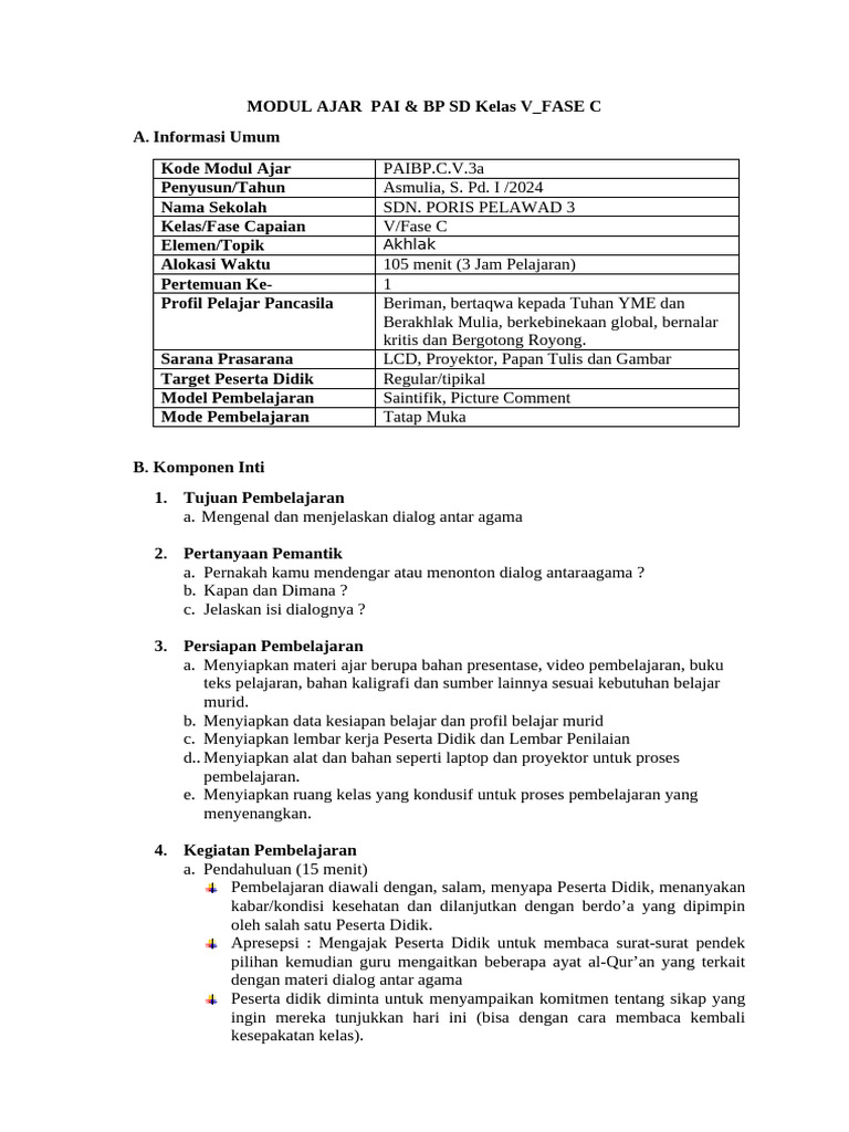 Modul Ajar PAI Kelas V: Dialog Antaragama | PDF | Seni & Disiplin Bahasa