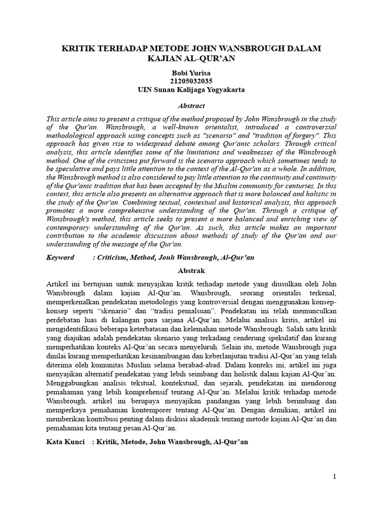 Kritik Terhadap Metode John Wansbrough Dalam Kajian Al | PDF