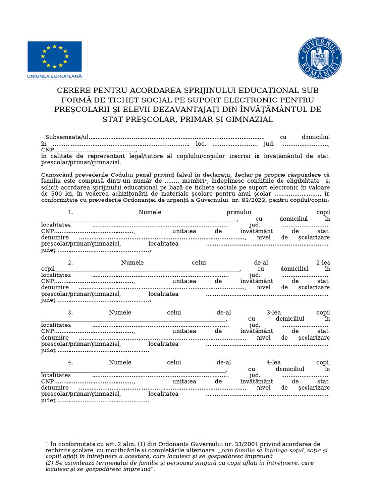 Model Cerere Tichete Sociale | PDF